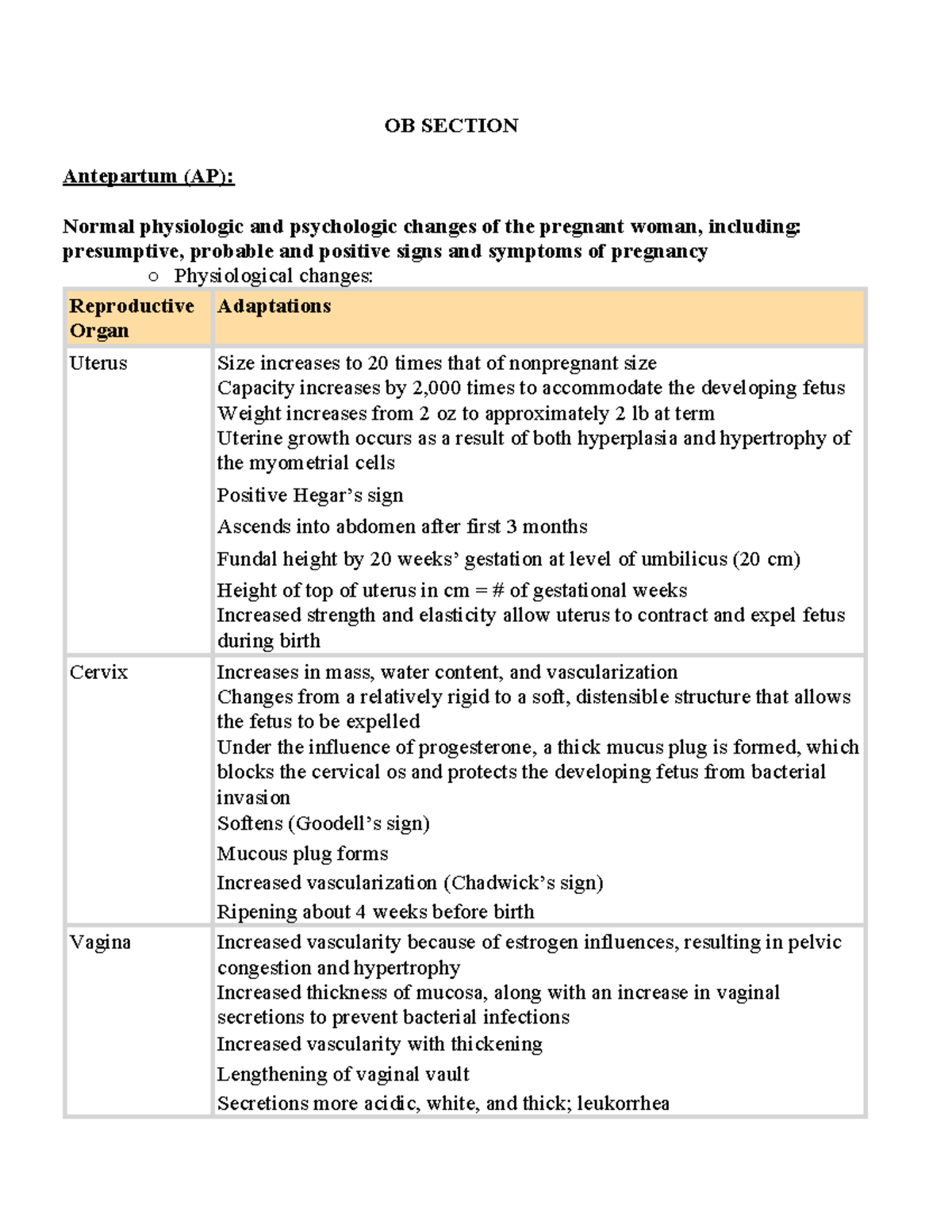 OB-PEDS EXAM 1 - Antepartum Changes and Pregnancy Adaptations - Studocu
