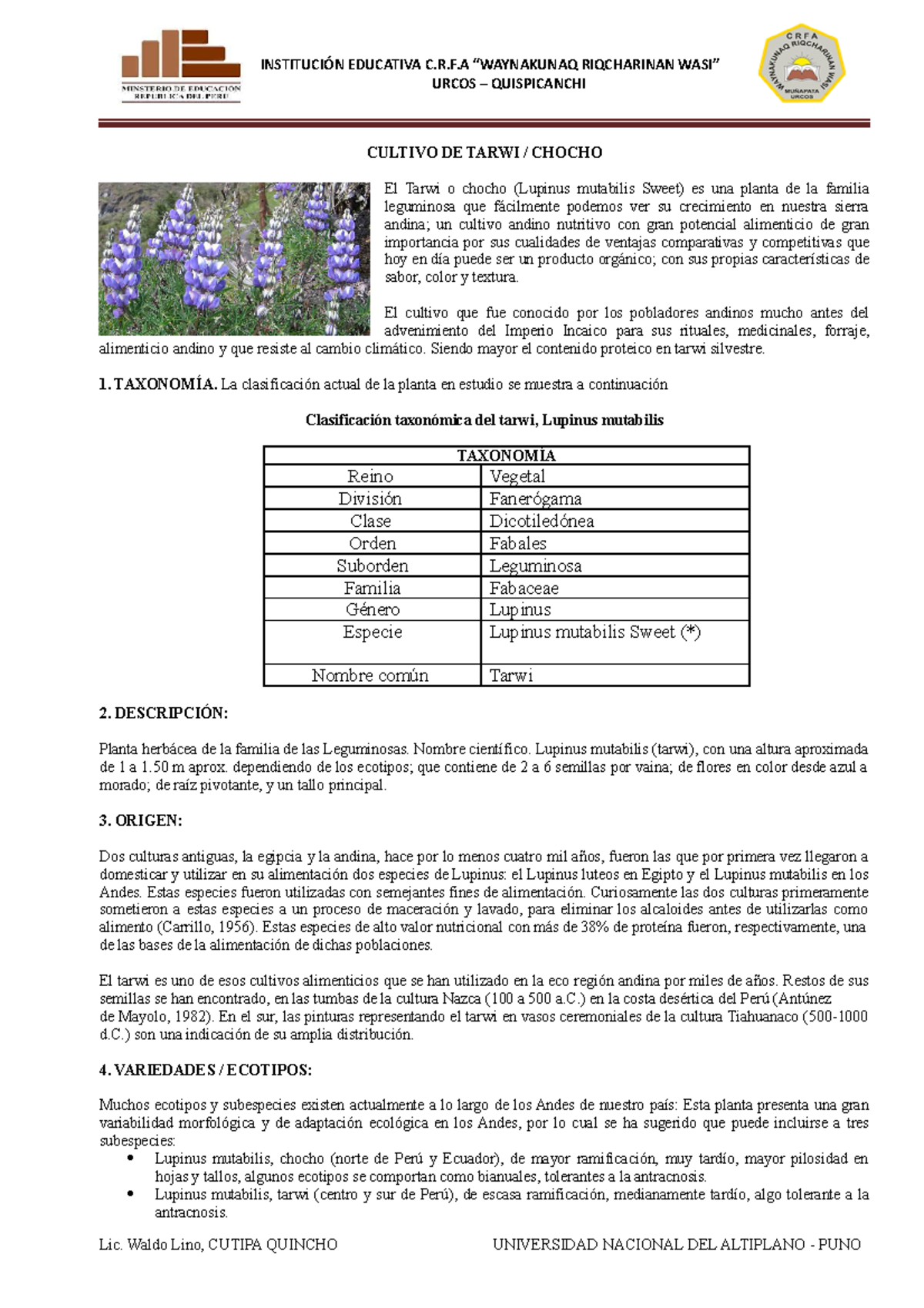 Estudio sobre el Cultivo del Tarwi (Lupinus mutabilis) - WRW - Studocu