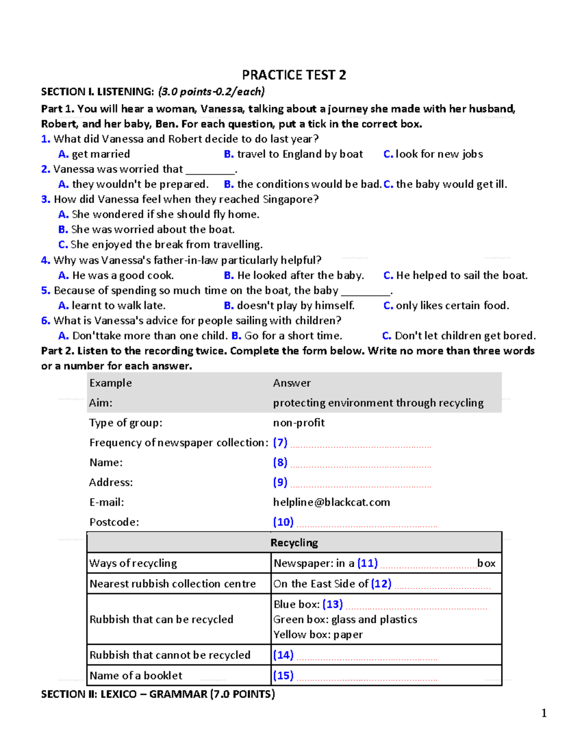 ĐỀ SỐ 2 - HSG ANH 7 - PRACTICE TEST 2: LISTENING & LEXICO GRAMMAR - Studocu