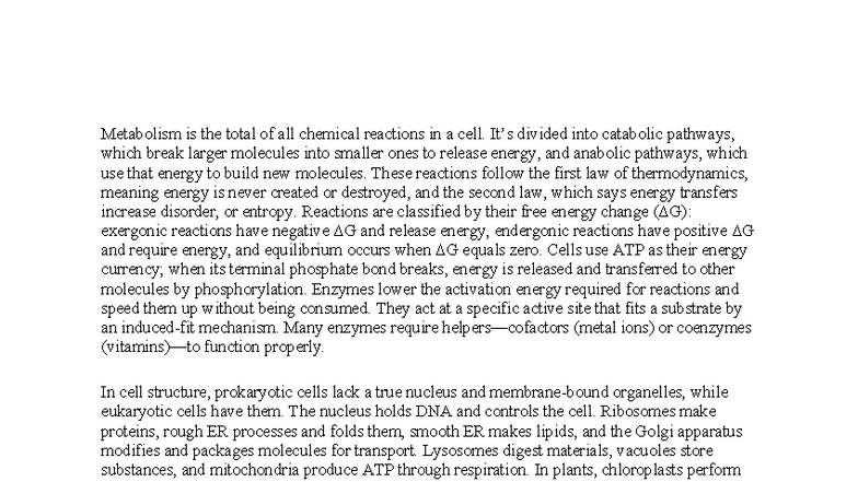 Test 3 Study Guide for BIO 103: Metabolism and Cell Structure - Studocu