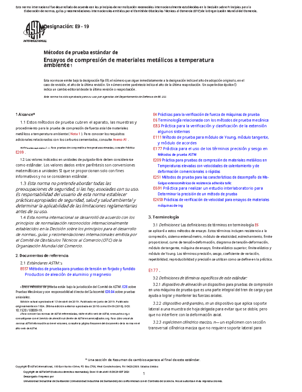 Métodos de Prueba de Compresión de Materiales Metálicos - ASTM E9 19 - Studocu