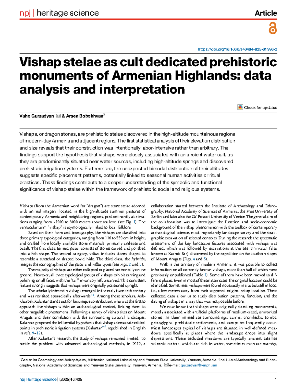 Vishap Stelae: Analysis of Prehistoric Monuments in Armenian Highlands ...