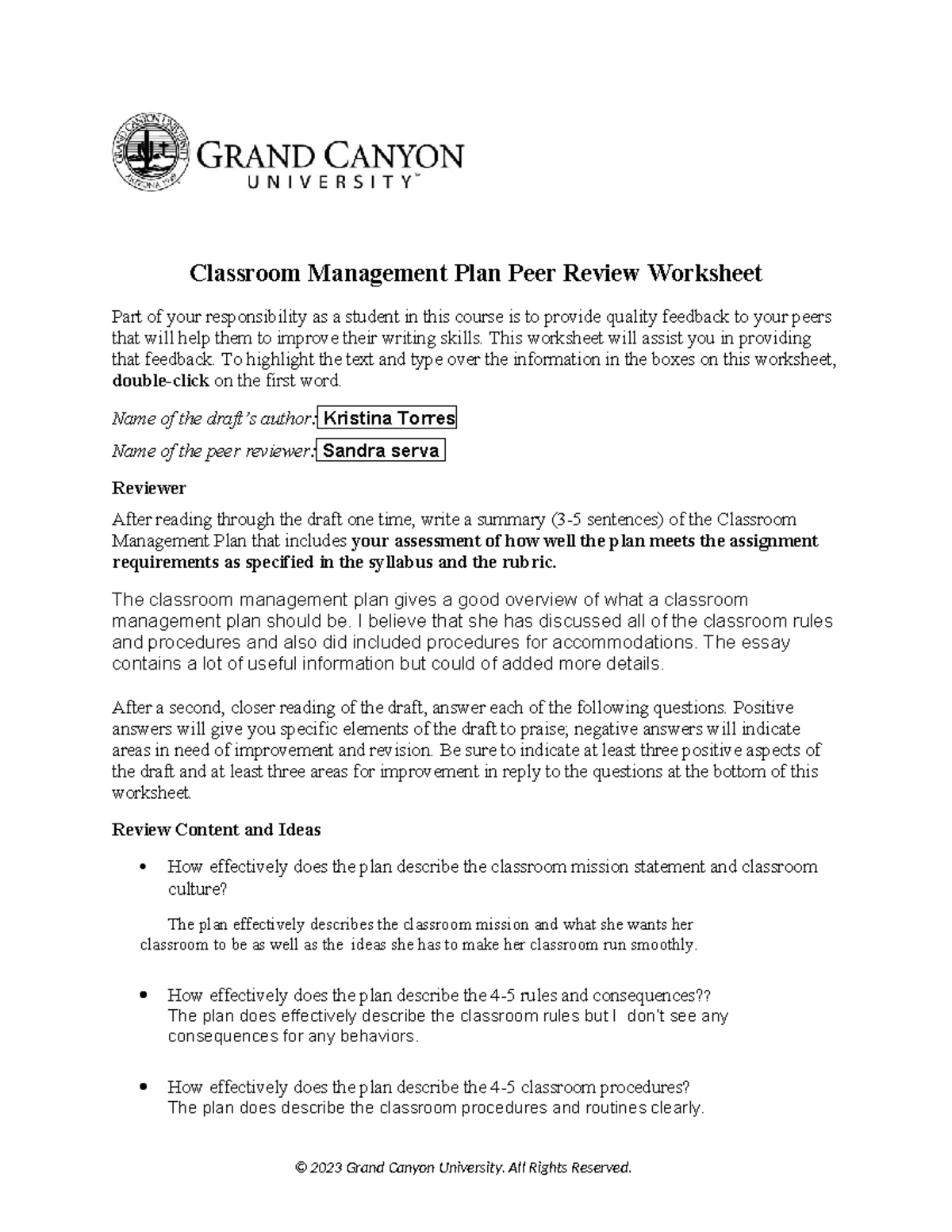 ECS-320 Classroom Management Plan Peer Review Worksheet - Studocu