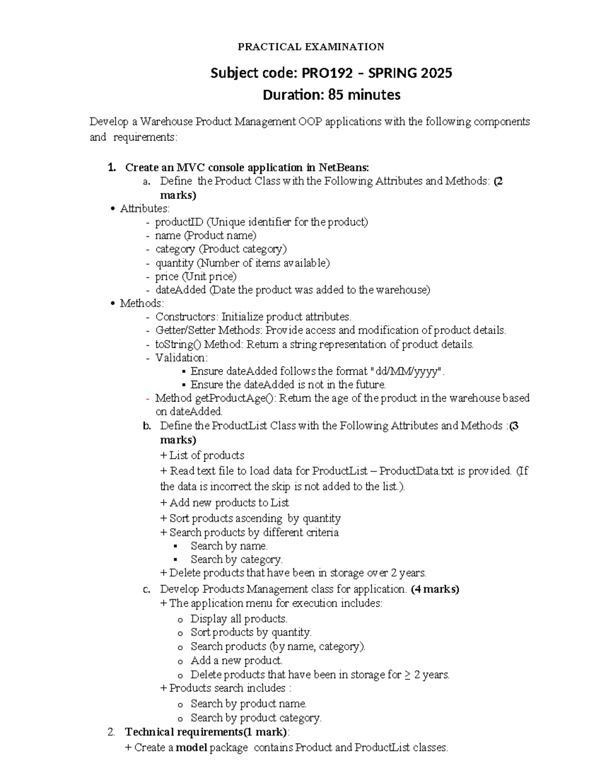 P1 - Practices - PRACTICAL EXAMINATION Subject code: PRO192 – SPRING ...