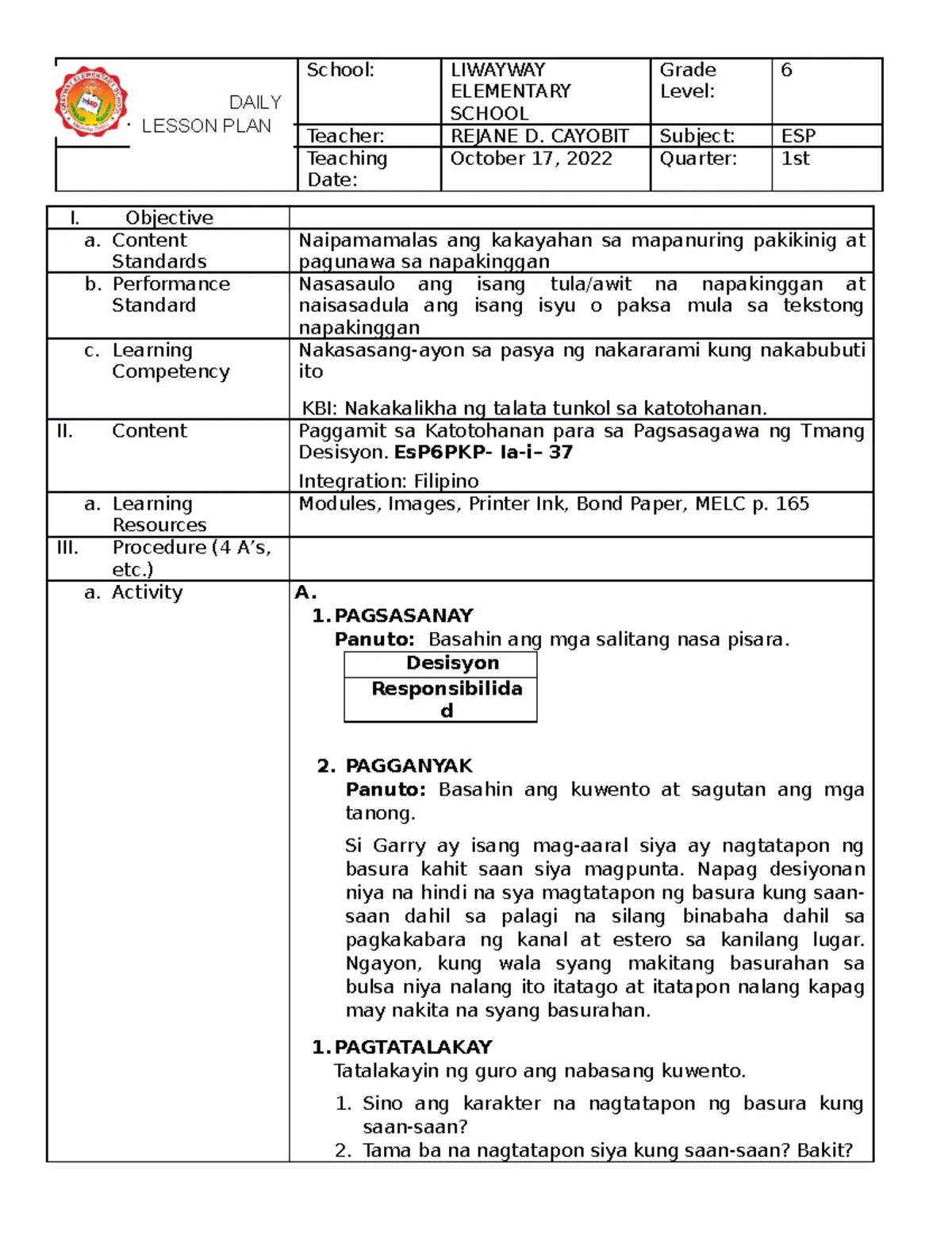 LP ESP Grade 6 - Week 1- Module 1 - School: LIWAYWAY ELEMENTARY SCHOOL ...
