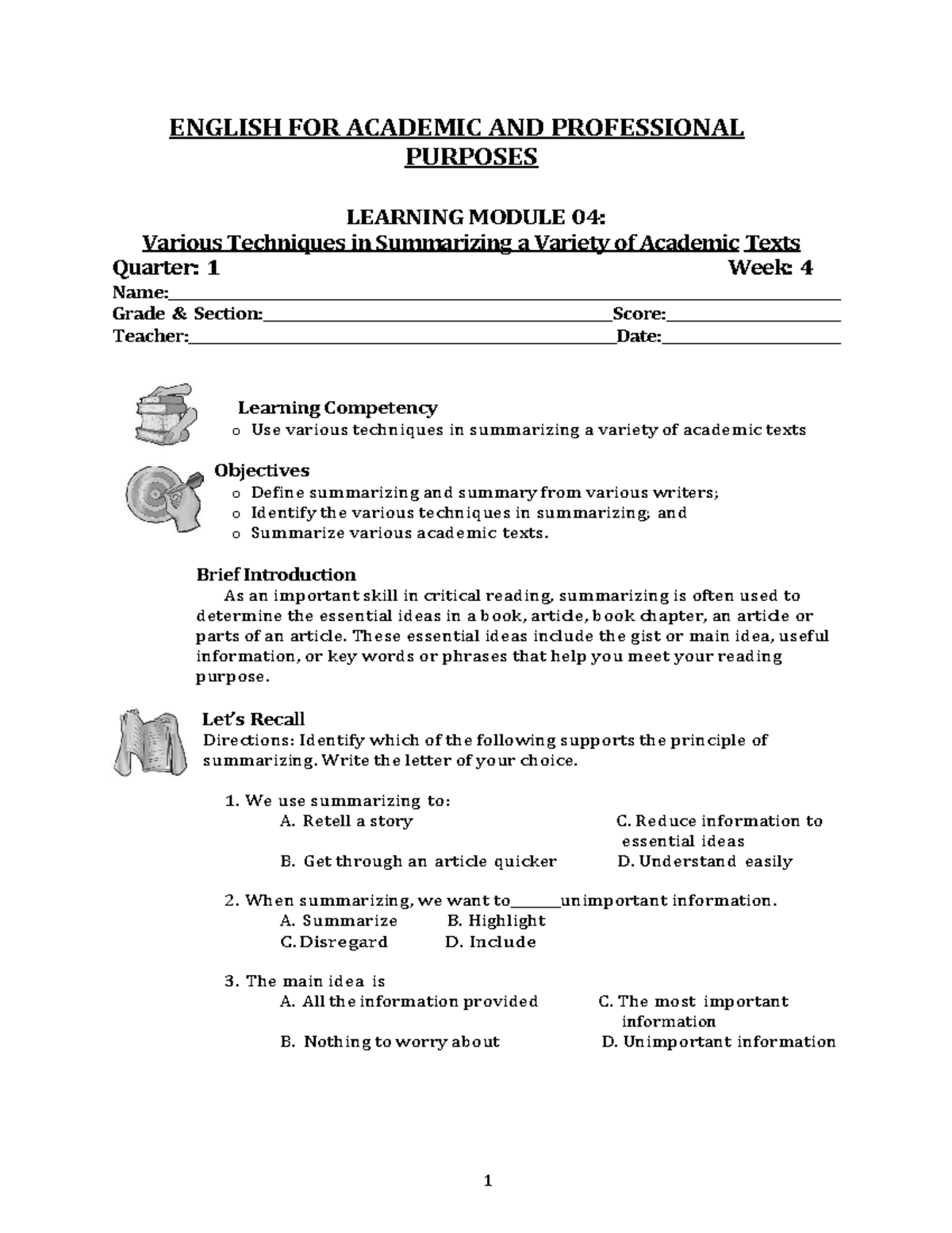 EAPP G11 Q1 M4 WK4 - Techniques for Summarizing Academic Texts - Studocu