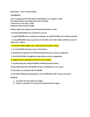 1-5 COST Classification - COST CLASSIFICATION COST CLASSIFICATION EXERCISE – classify the ...