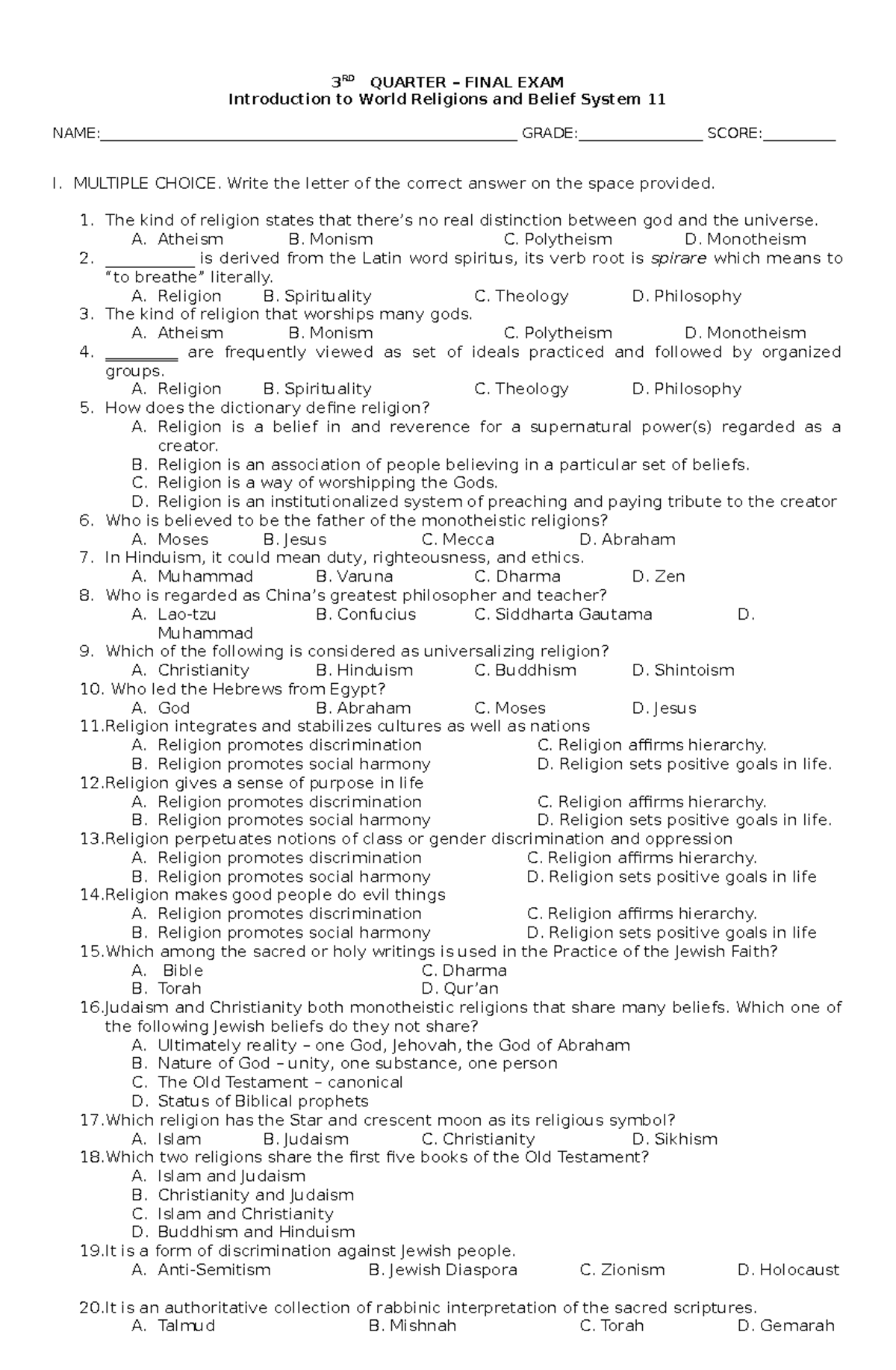 3RD Quarter Final EXAM - 3 RD QUARTER – FINAL EXAM Introduction to ...
