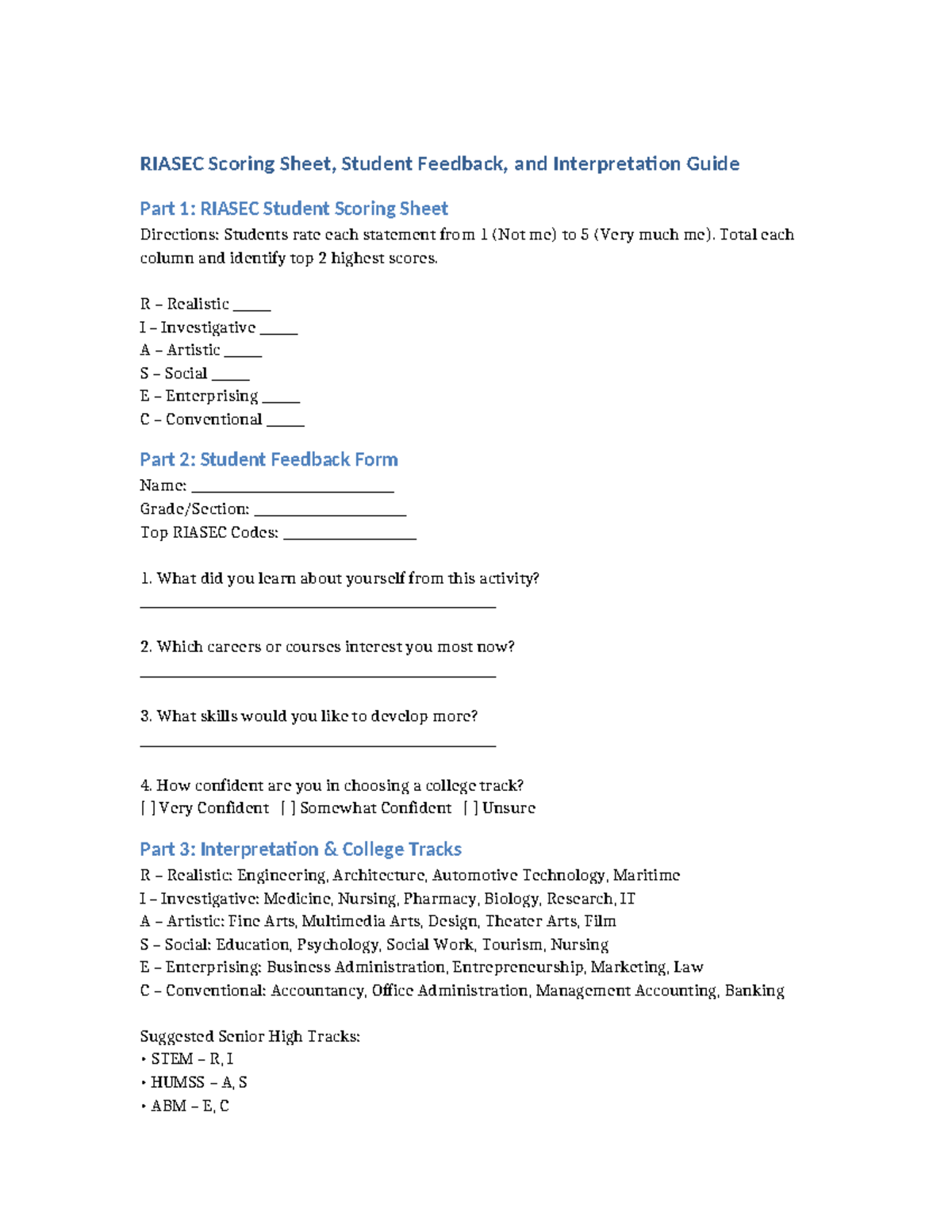 RIASEC Scoring & Interpretation Guide: Student Feedback & Career Paths ...
