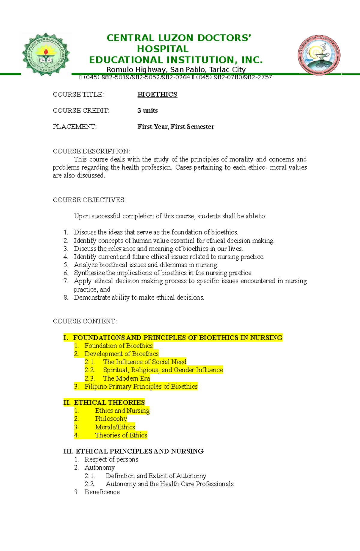 Bioethics Syllabus - Foundations, Principles & Ethical Issues in ...