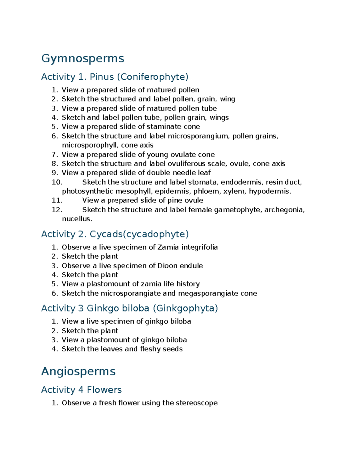 Pre Lab 5: Gymnosperms & Angiosperms Activities - Studocu