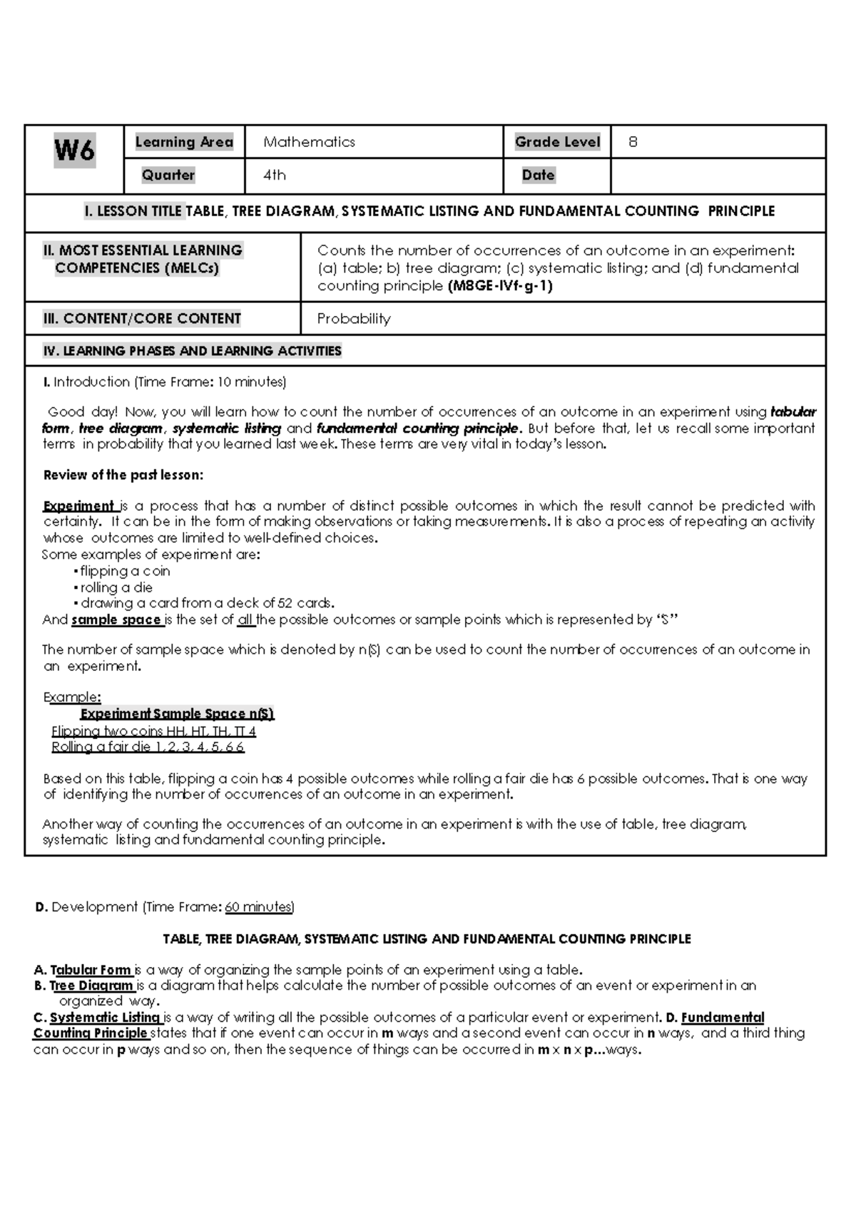 Q4 Math 8 Week 6 - Counting Principles: Tables, Trees & Lists - Studocu