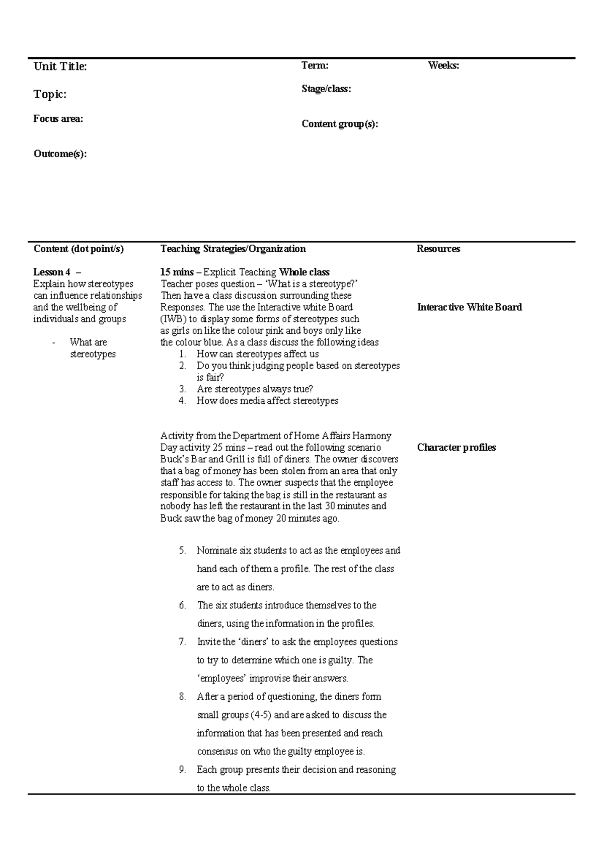 Unit Plan Proforma 2025 (002): Exploring Stereotypes in Relationships ...