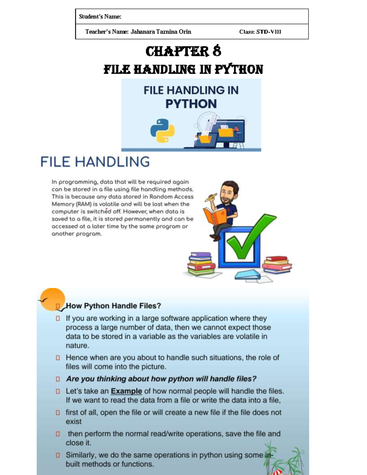 File handeling in Python - Student’s Name: Teacher’s Name: Jahanara ...