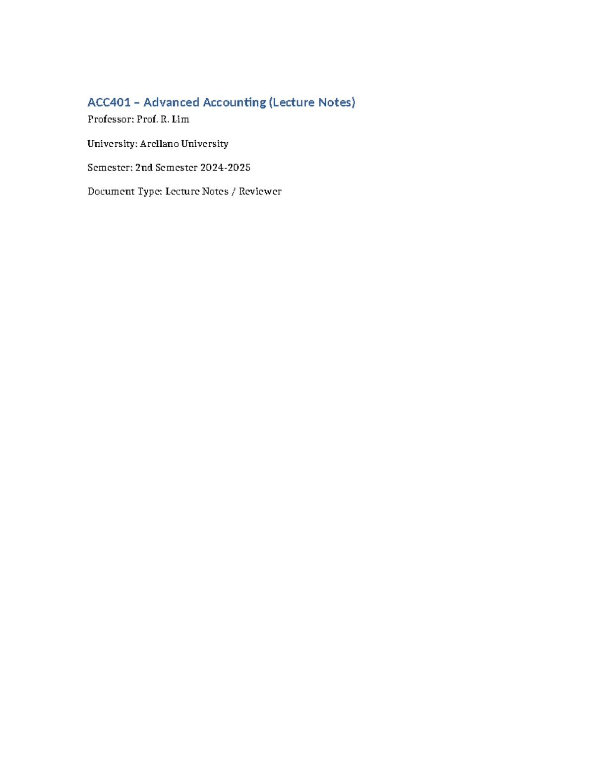 ACC401 - Advanced Accounting (Lecture Notes) for 2nd Semester - Studocu