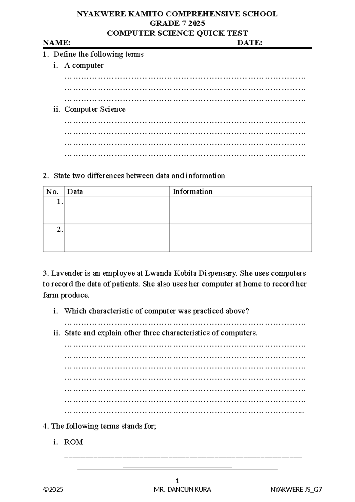 JS_G7 Computer Science Quick Test - Grade 7 2025 - Studocu
