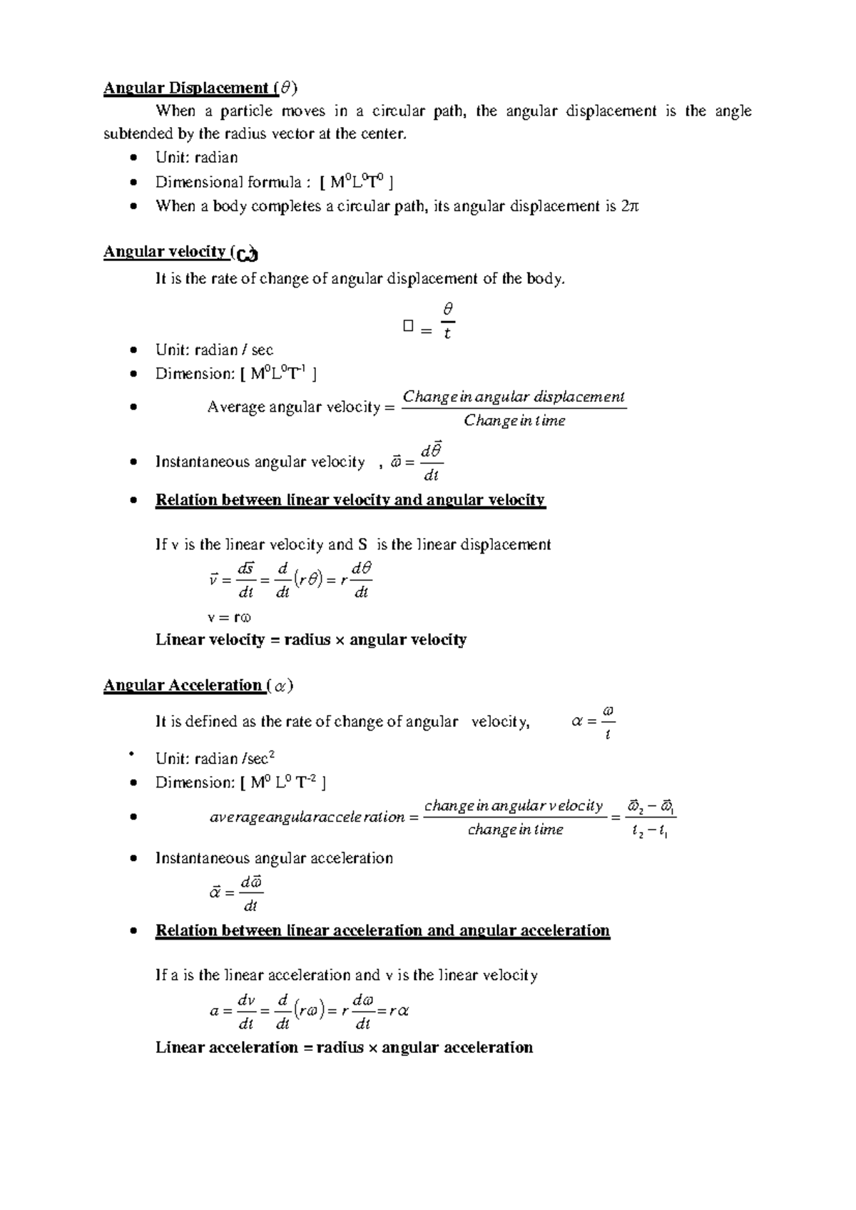 Circular Motion: Angular Displacement and Velocity Concepts - Studocu