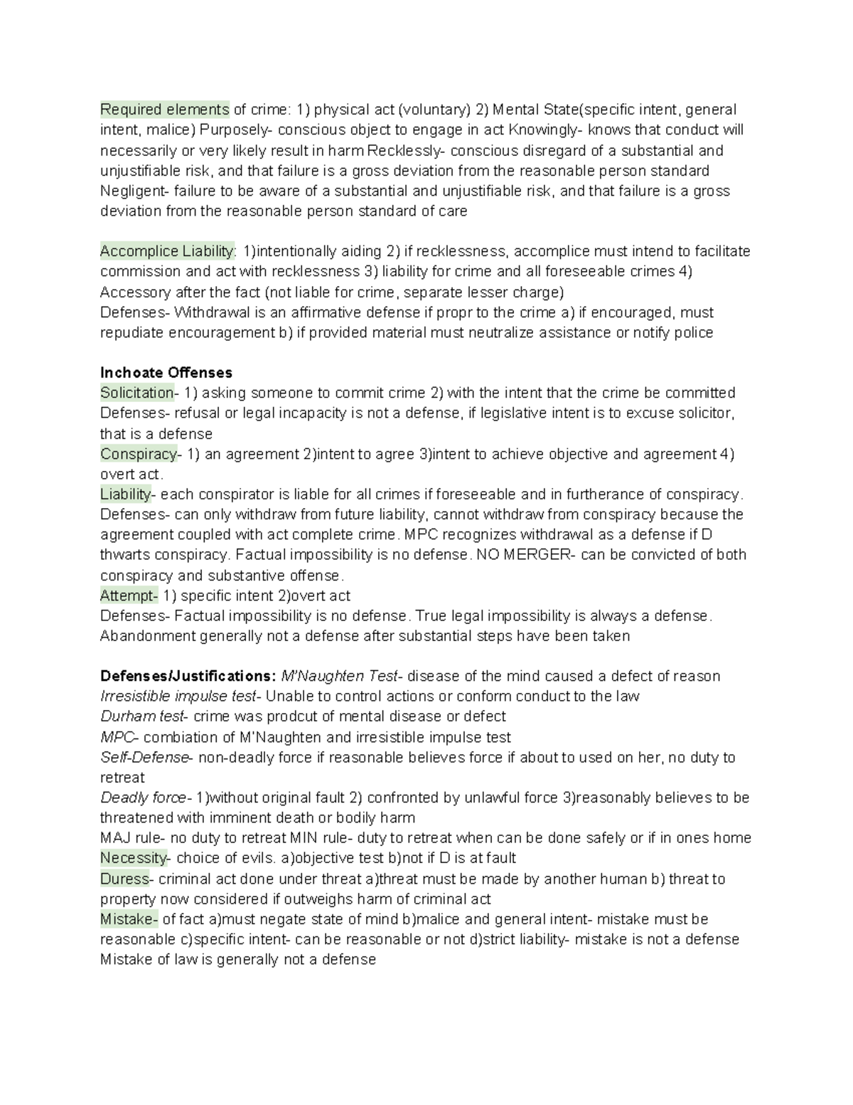 Crim notes - Required elements of crime: 1) physical act (voluntary) 2 ...