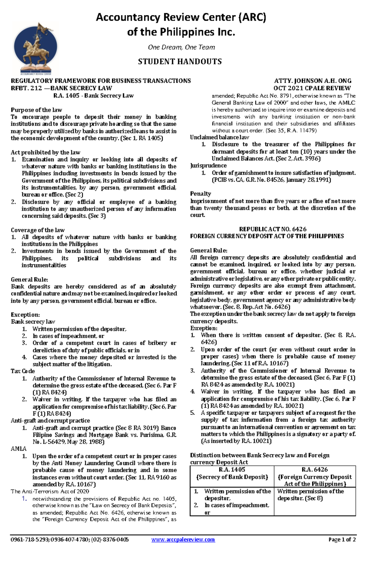RFBT 212: Bank Secrecy Law & Foreign Currency Deposit Act Review - Studocu