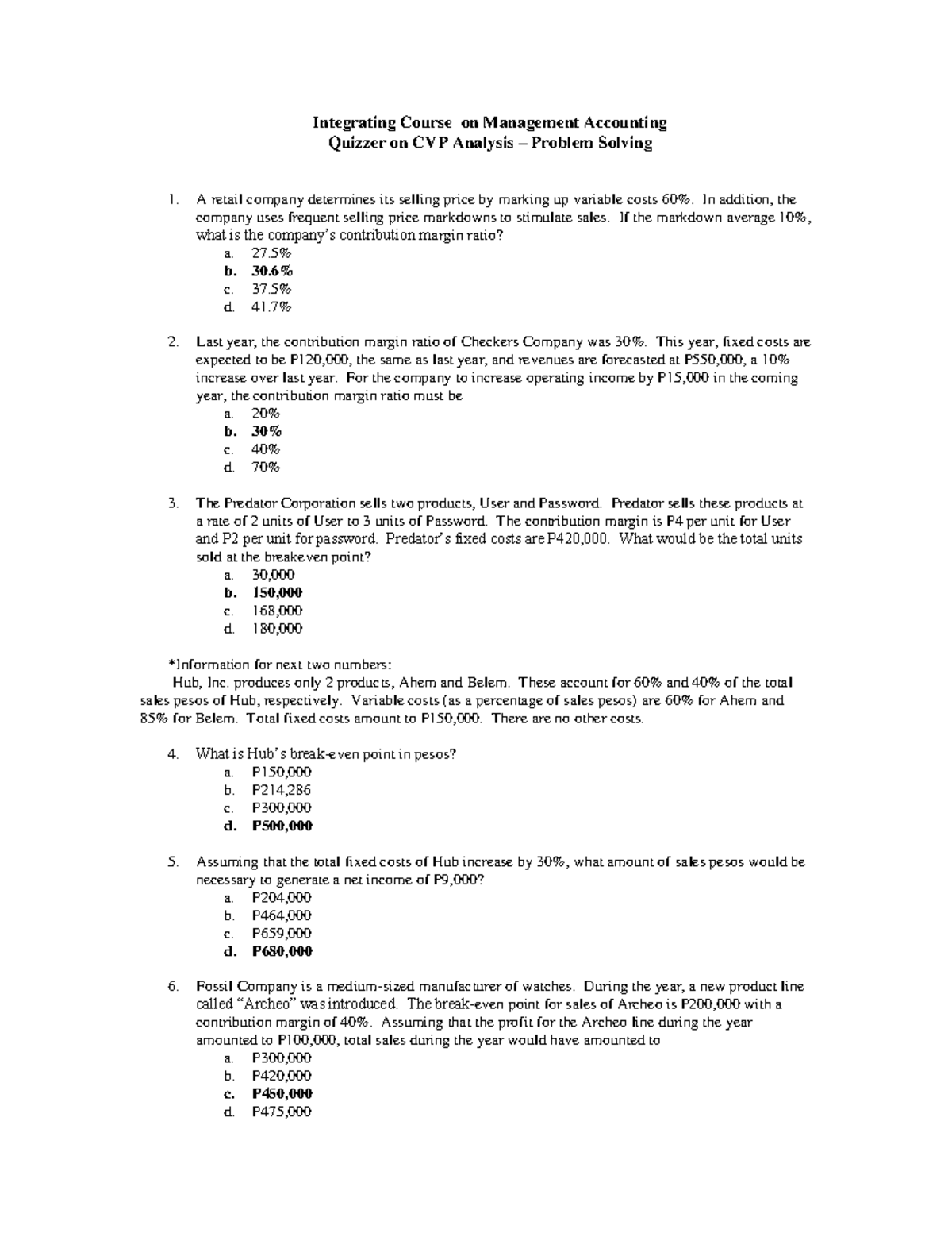 Quizzer on CVP Analysis - Management Accounting Problems (Course Code ...