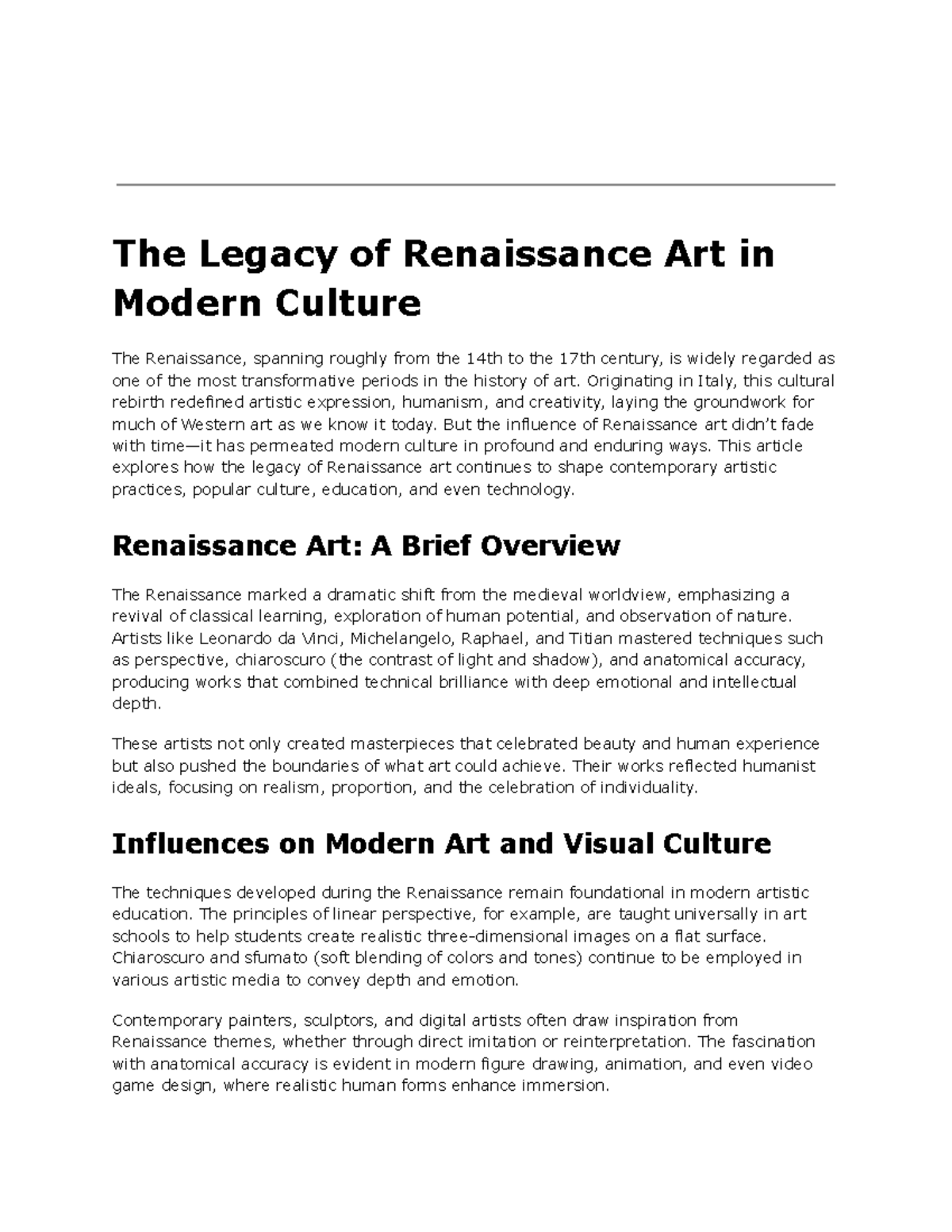 The Impact of Renaissance Art on Modern Culture and Society - Studocu