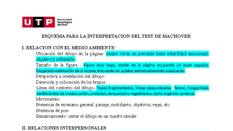 ESQUEMA PARA LA INTERPRETACIÓN DEL TEST DE MACHOVER I - PSICOL. I - Studocu