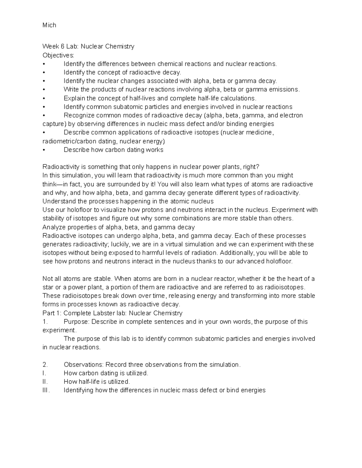 CHEM 120 - OL Week 6 Lab: Exploring Nuclear Reactions and Radioactivity ...