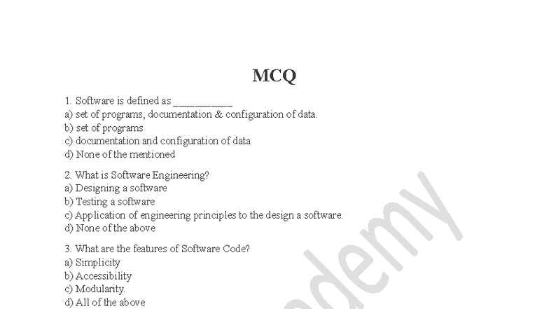MCQ 1: Software Engineering Concepts and Methodologies - Studocu