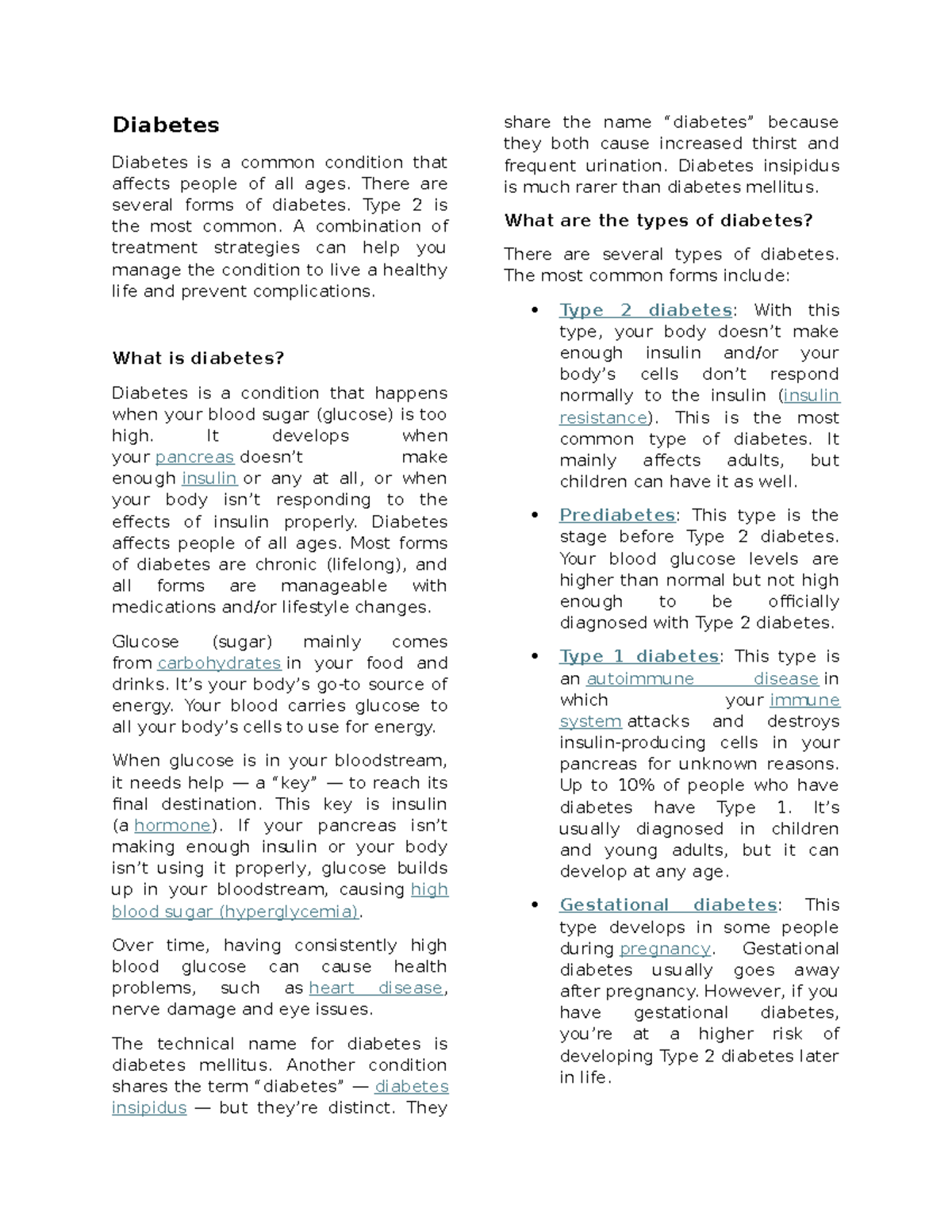 Diabetes Mellitus Notes - Diabetes Diabetes is a common condition that ...