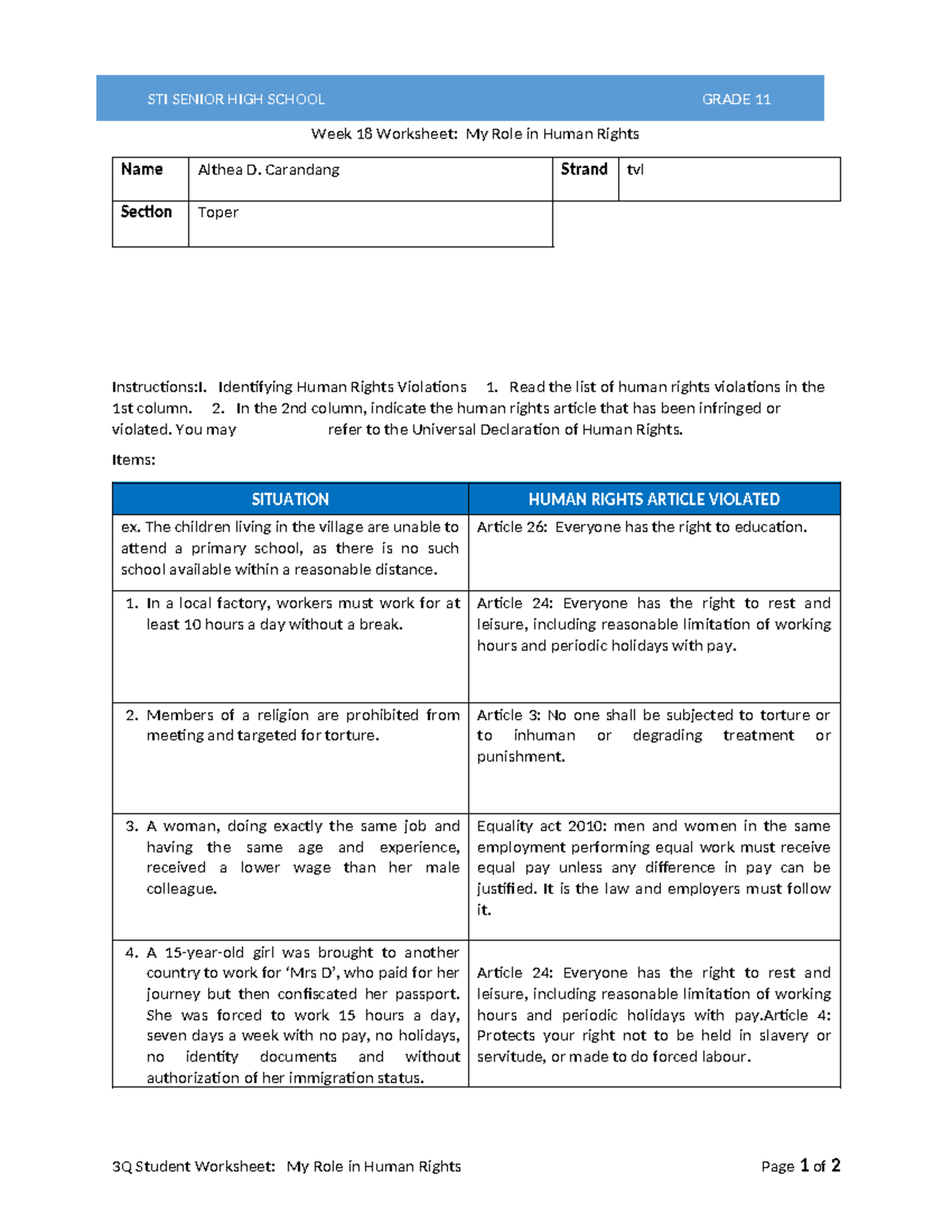 G113QW18 Worksheet: My Role in Human Rights - Week 18 Activities - Studocu
