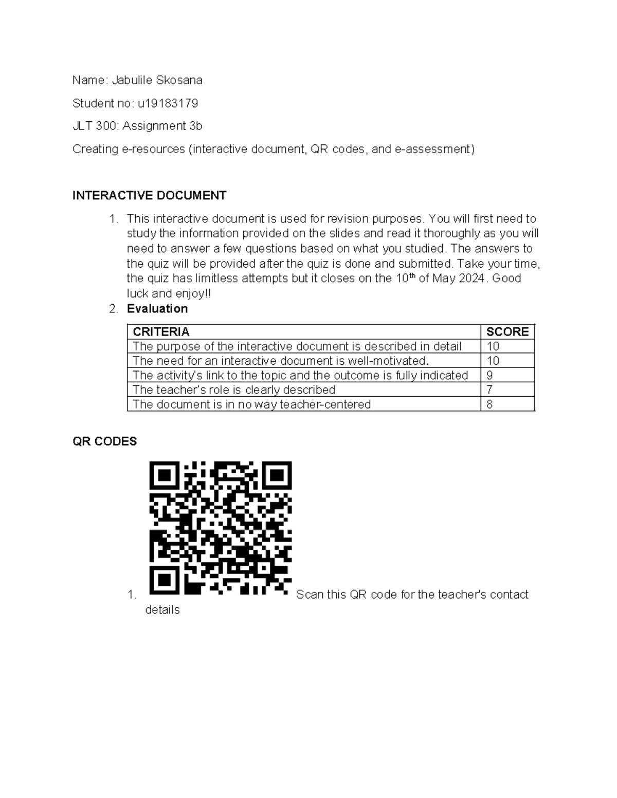 JLT 300 Assignment 3b: Interactive Document & QR Codes Overview - Studocu