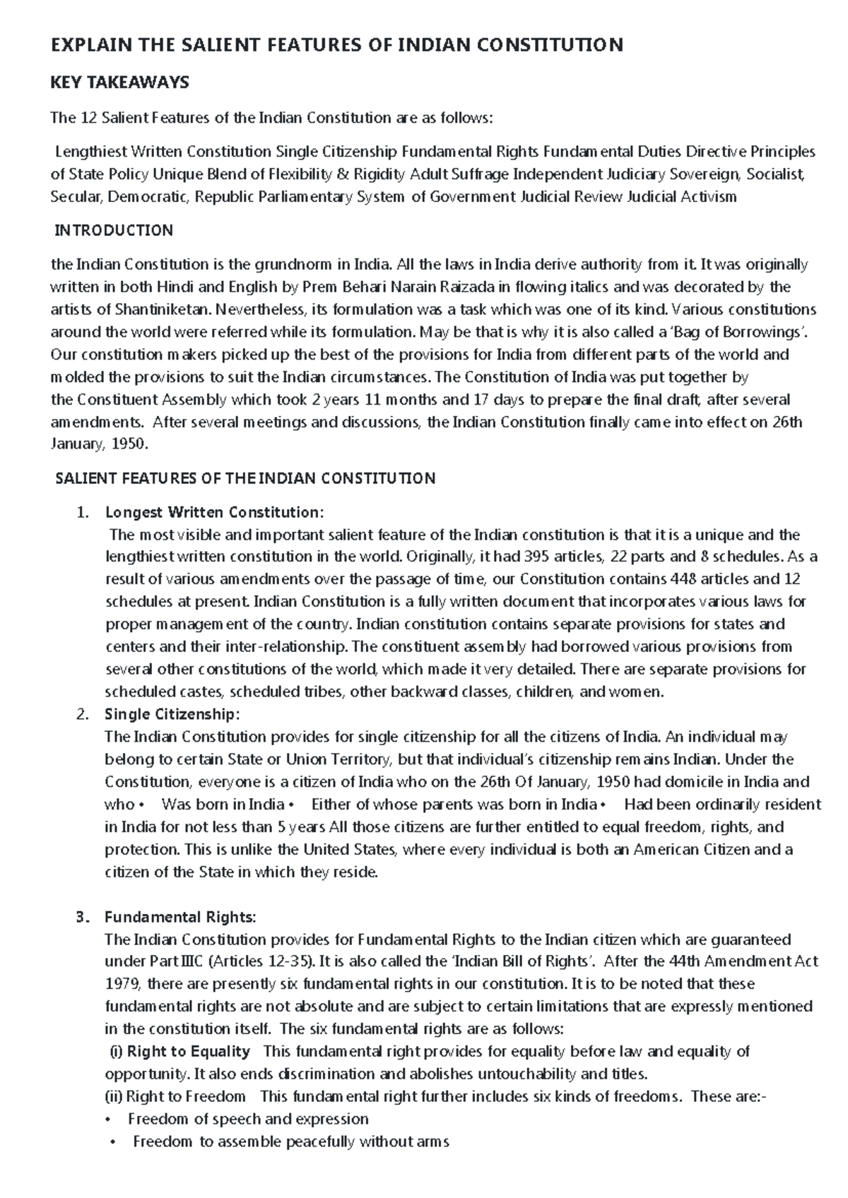 Indian Constitution: Key Features and Federal Character Analysis - Studocu