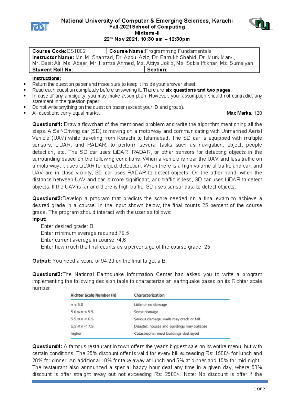 PF Midterm Exam CS1002 - Programming Fundamentals Past Paper (Nov 2021 ...