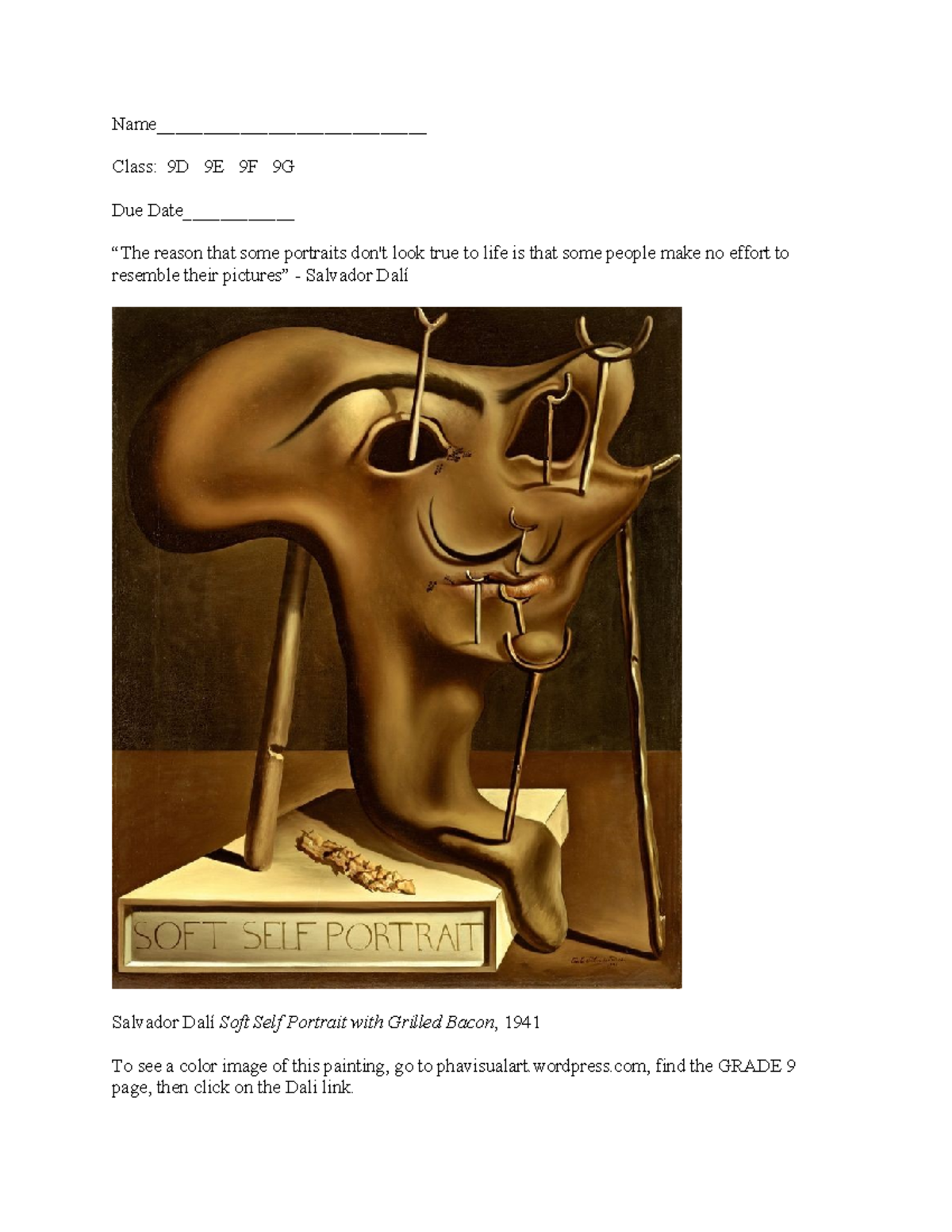 Dali Worksheet: Creative Arts Notes for Grade 9 (9D, 9E, 9F, 9G) - Studocu