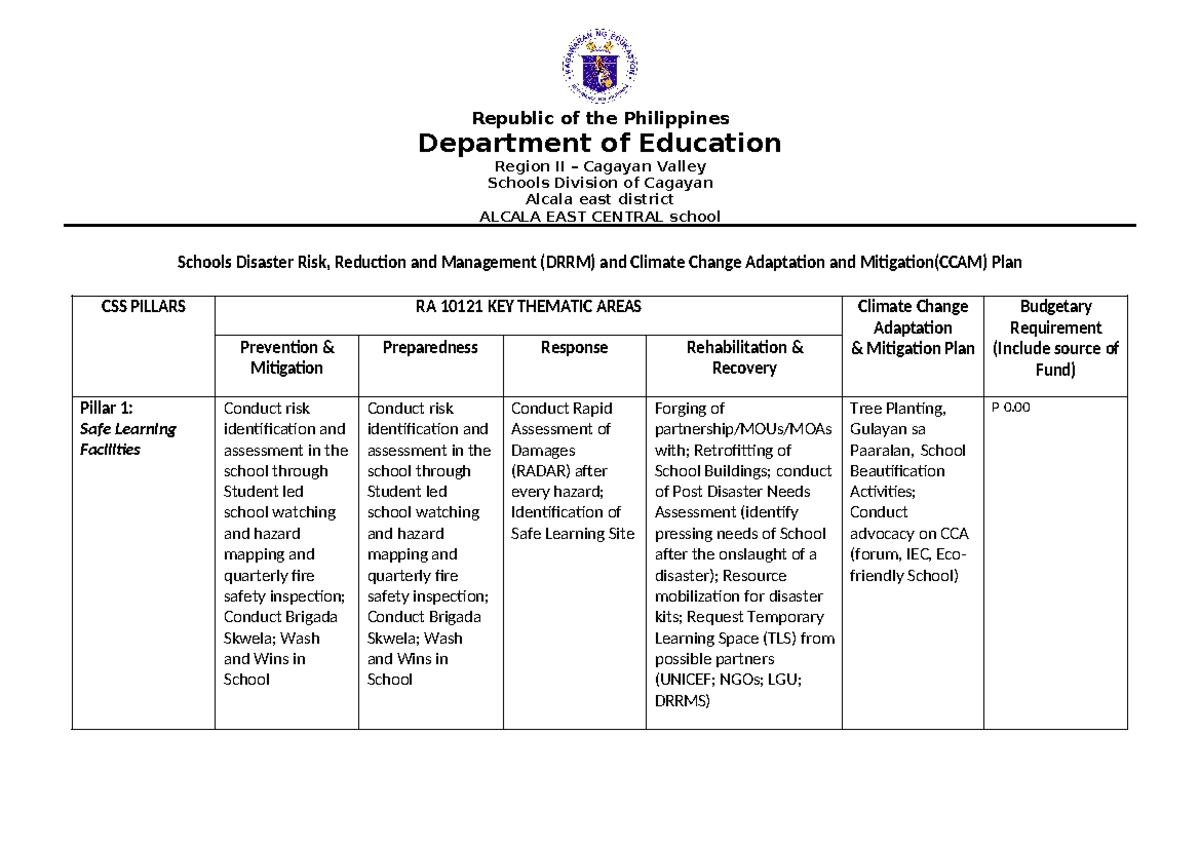 DRRM PLAN: Schools Disaster Risk Reduction & Management Guide - Studocu