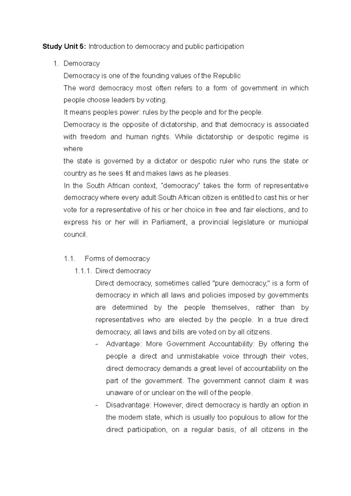 CPD1501 Study Unit 5: Democracy & Public Participation Overview - Studocu
