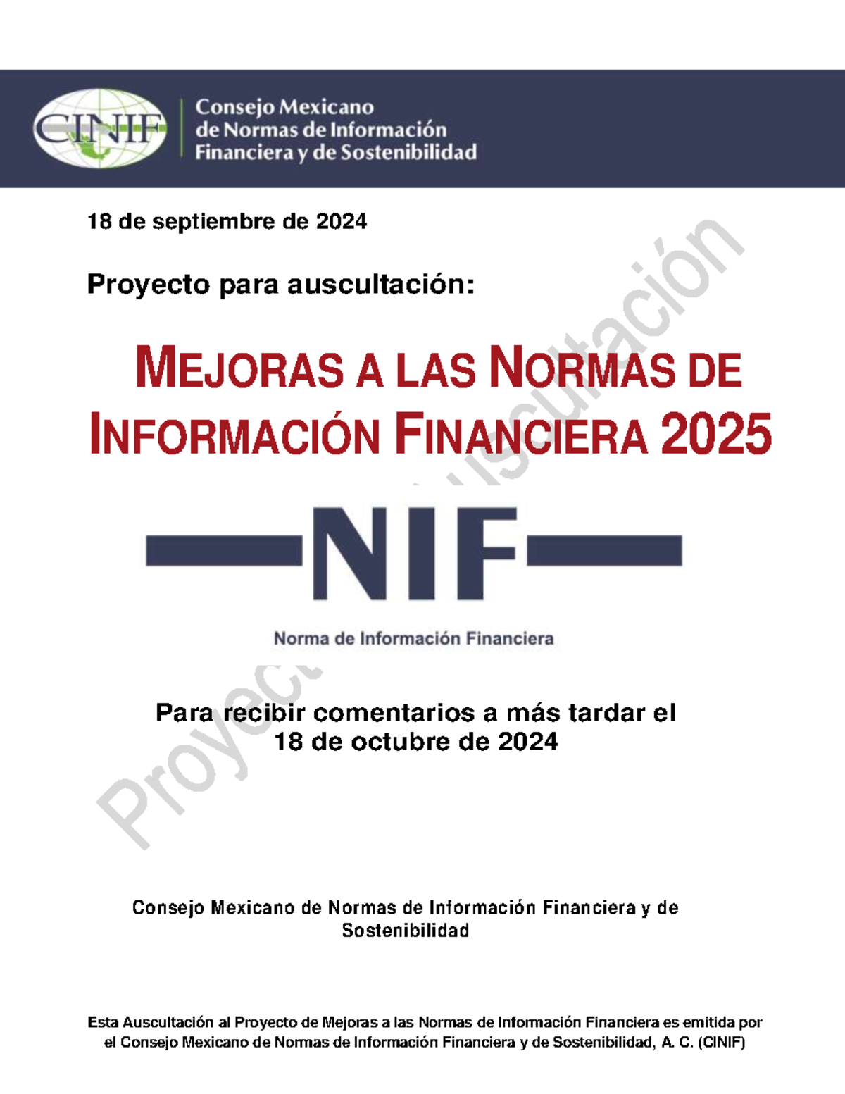 Mejoras a las NIF 2025: Proyecto de Auscultación del CINIF - Studocu