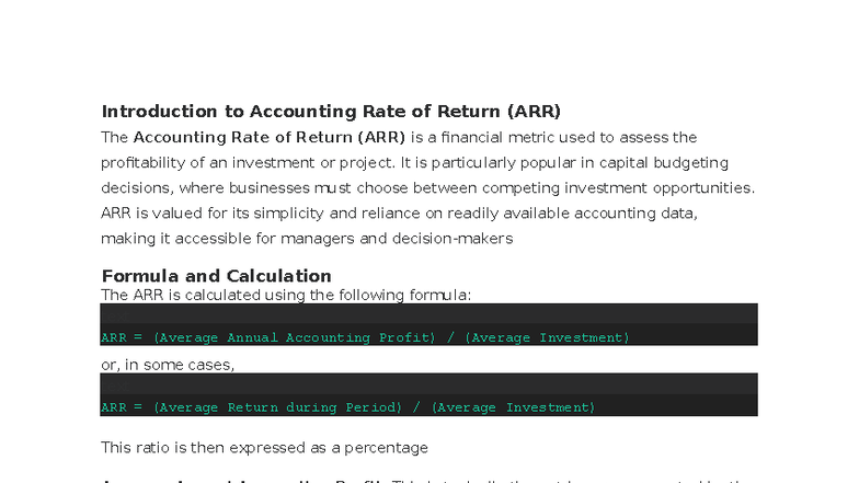 Introduction to Accounting Rate of Return (ARR) Analysis - Studocu
