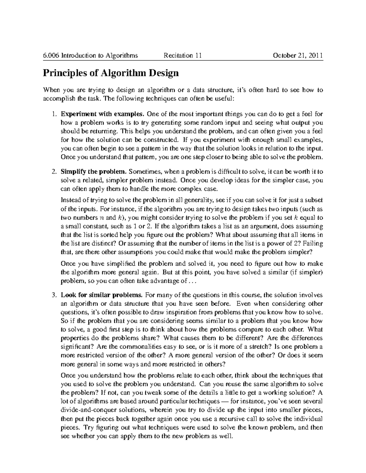 6.006 Recitation 11: Principles of Algorithm Design Techniques - Studocu