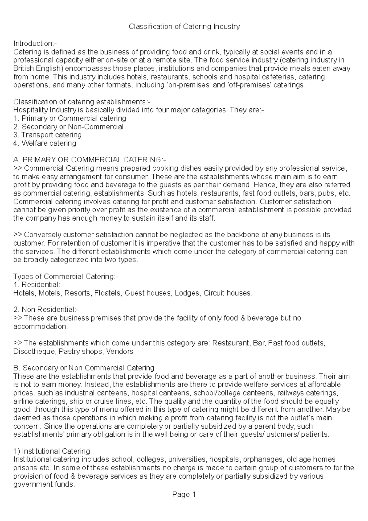 Classification of Catering Industry: Types & Overview - Studocu