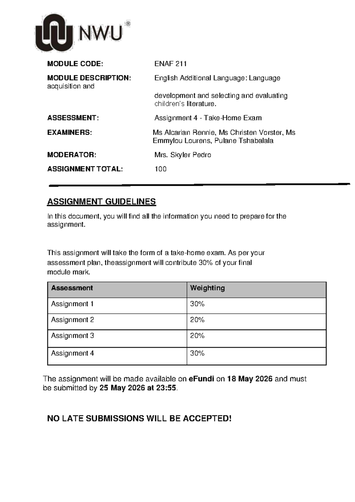 ENAF 211 Take-Home Exam: EFAL Assignment Guidelines and Assessment ...