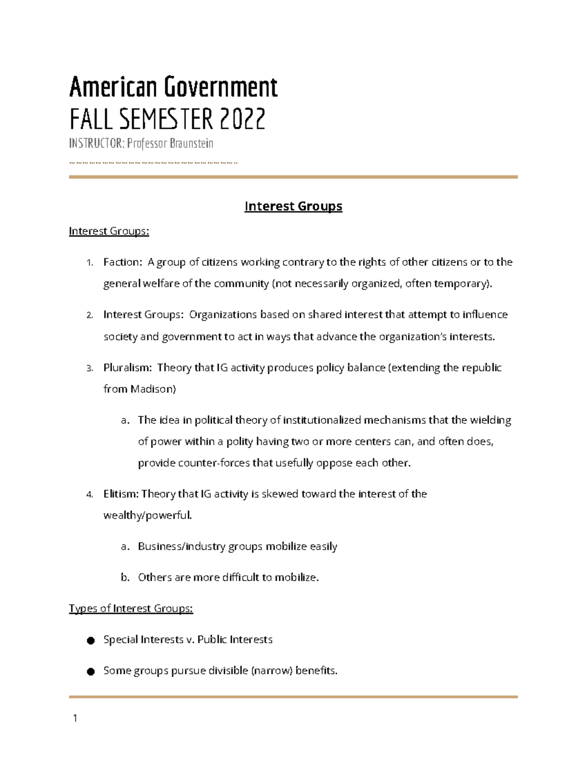 Class notes Interest Groups - American Government FALL SEMESTER 2022 ...