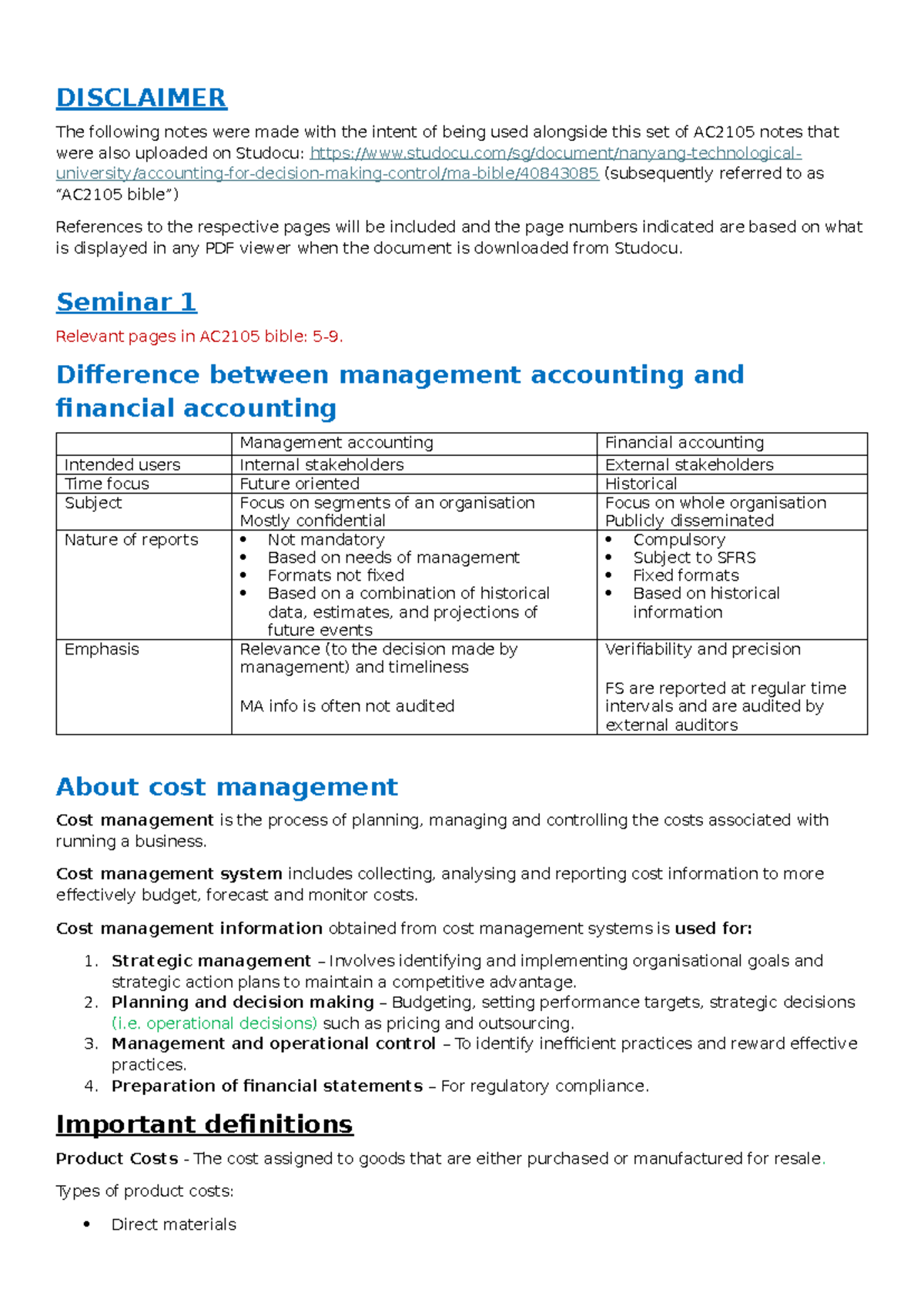 AC2105 Seminar Notes: Management vs Financial Accounting Insights - Studocu