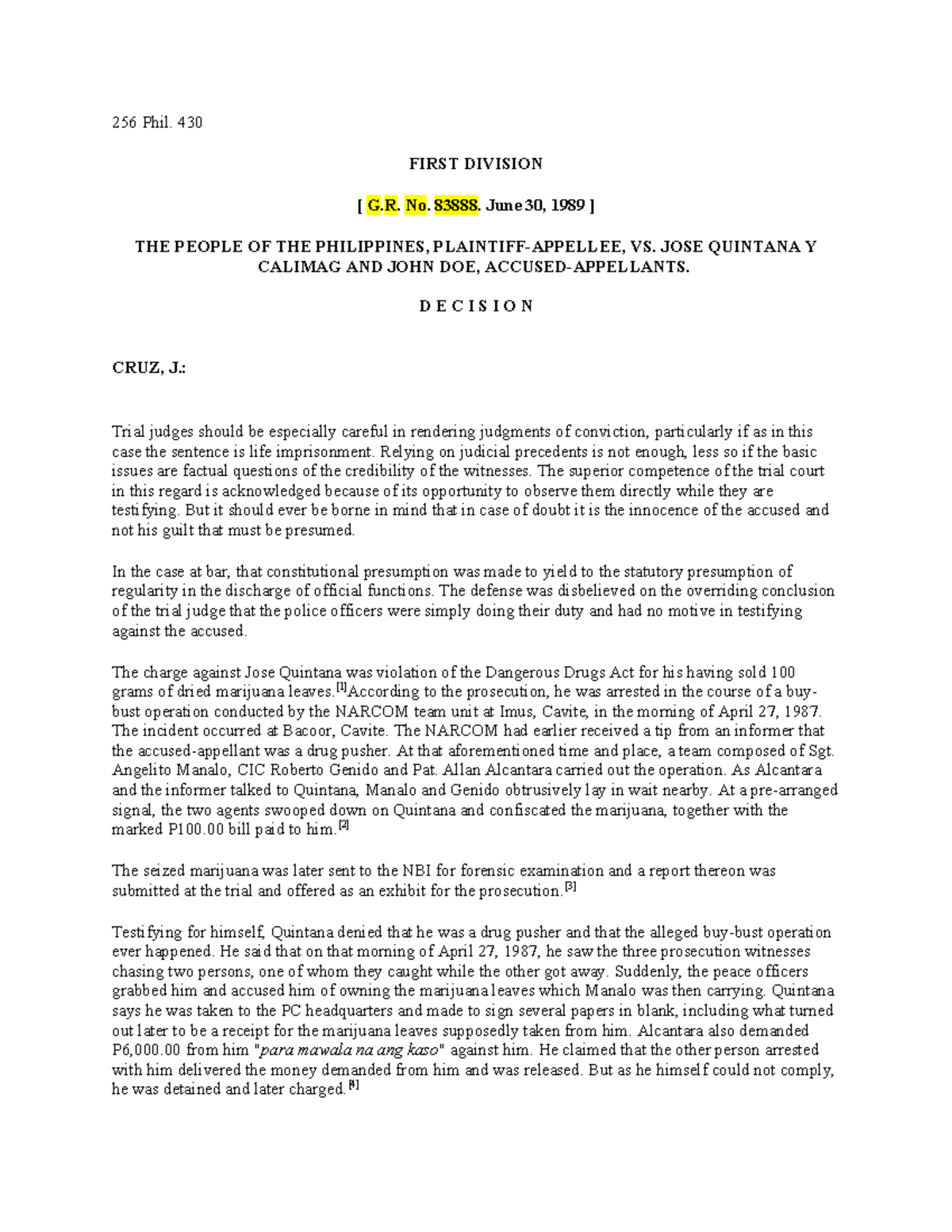 People v. Quintana - G.R. No. 83888 Case Analysis and Decision - Studocu