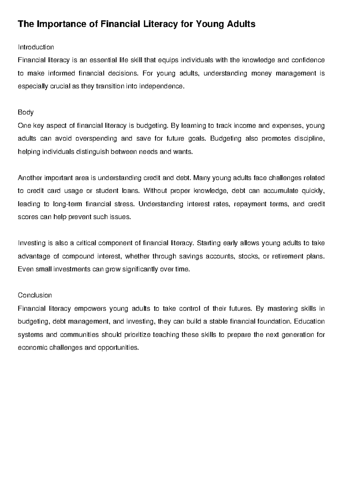 Essay 3: The Importance of Financial Literacy for Young Adults - Studocu