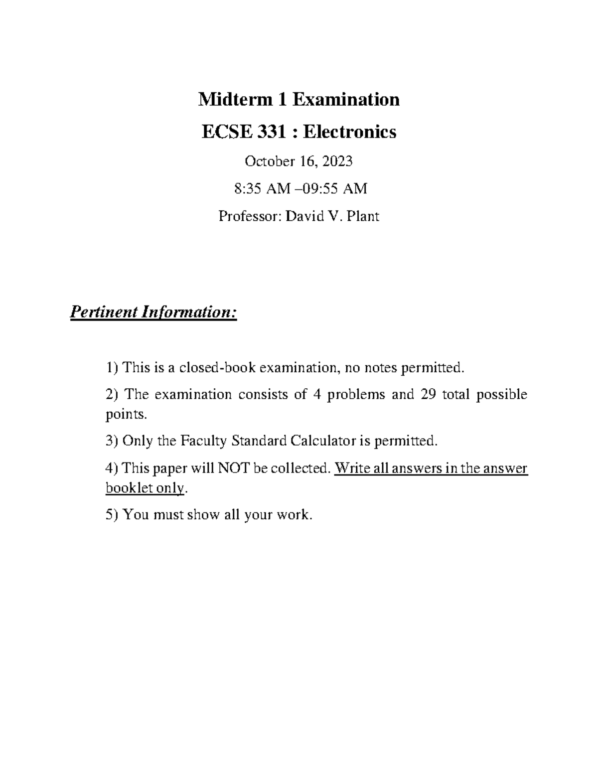 ECSE 331 Midterm 1 Exam Review - Electronics Fall 2023 - Studocu