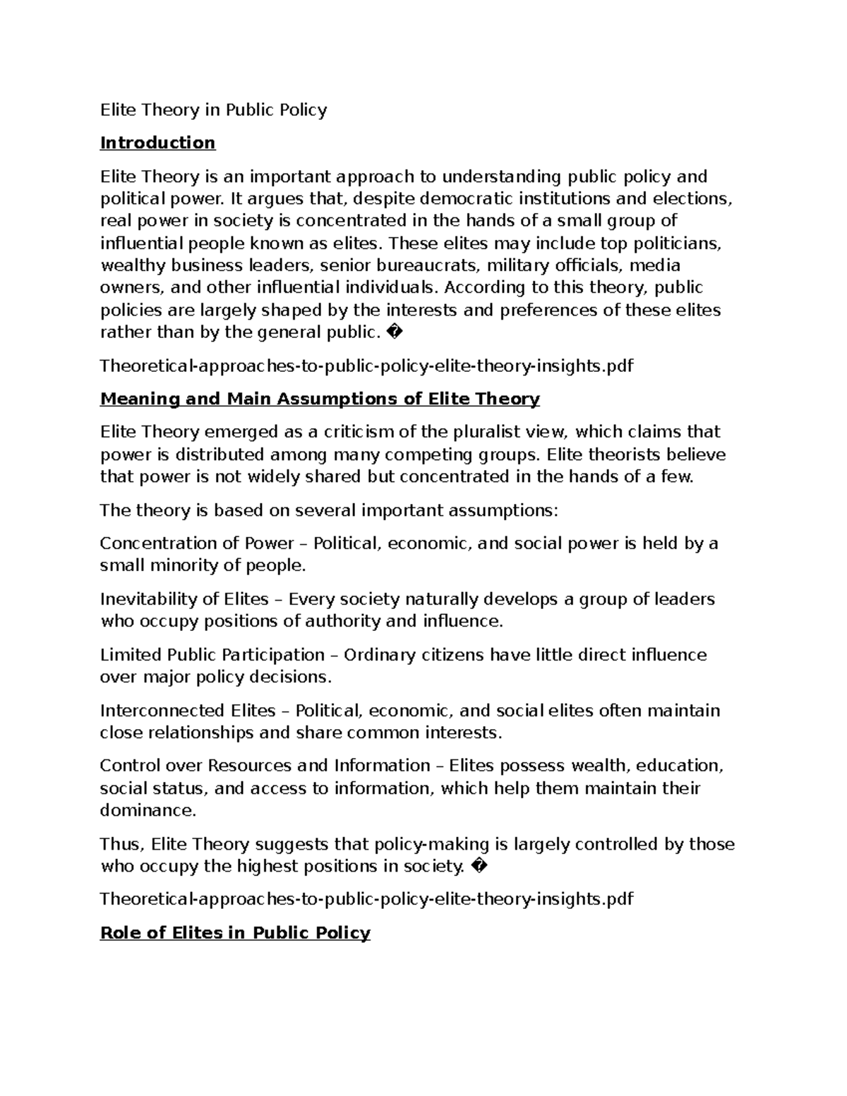 Elite Theory in Public Policy: Understanding Power Dynamics - Studocu