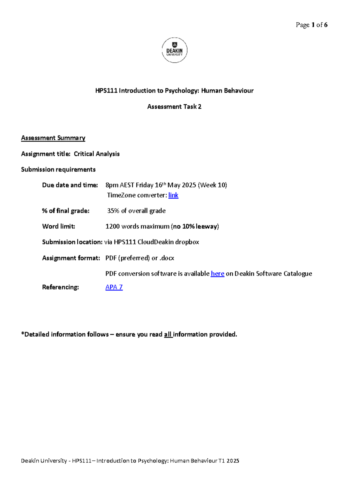 HPS111 AT2 Critical Analysis Guidelines - Introduction to Psychology T1 ...