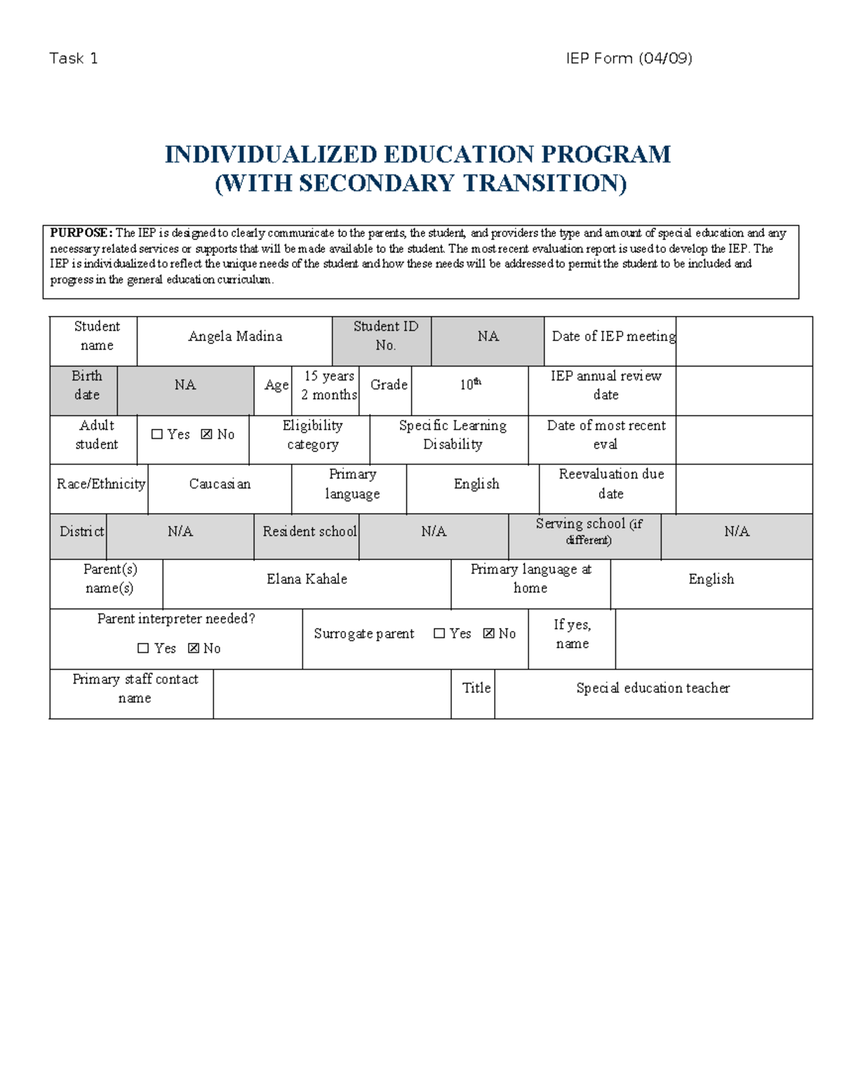 Task 1 IEP Form: Individualized Education Program for Angela Madina ...