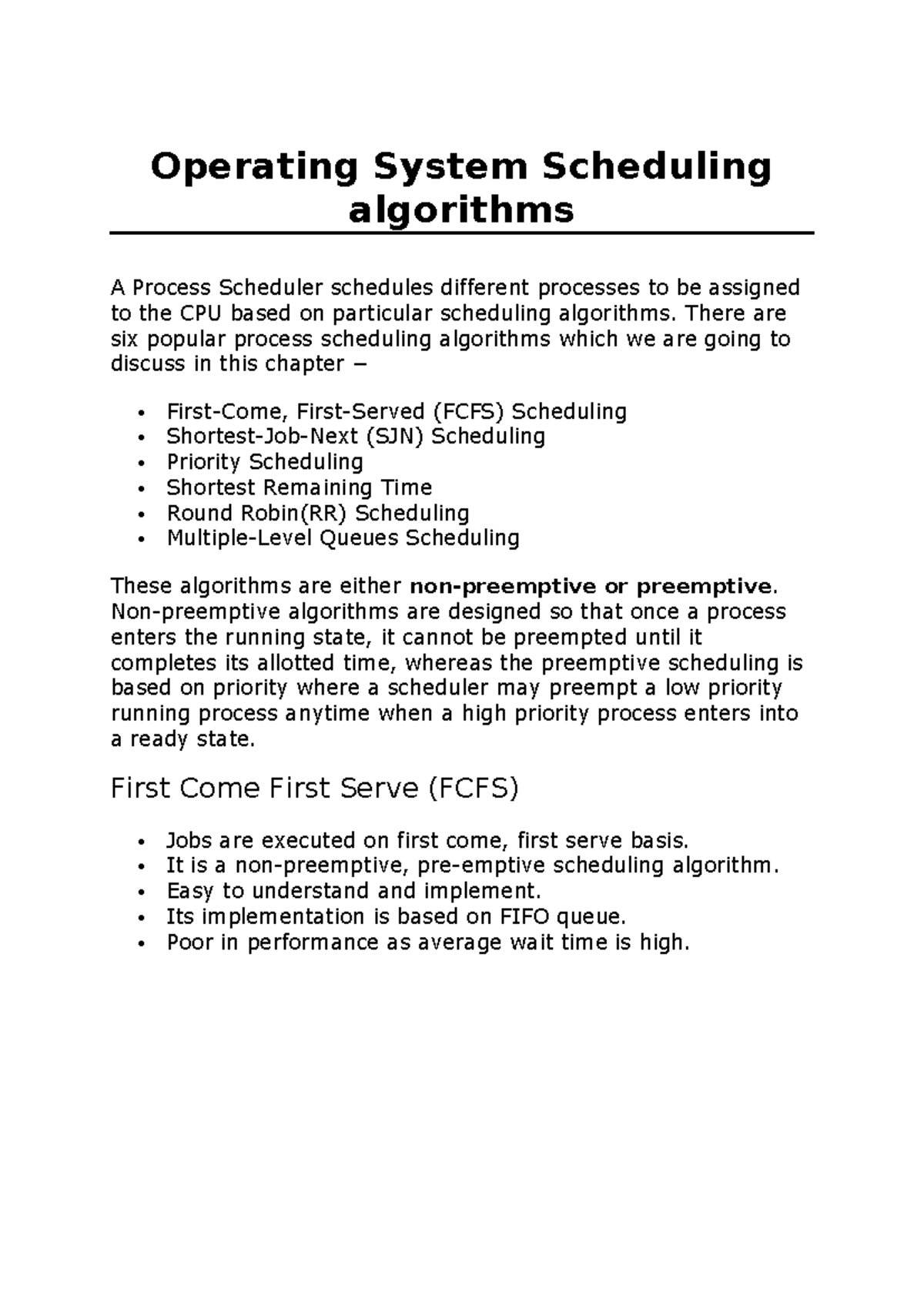OS Scheduling Algorithms: FCFS, SJN, Priority, RR & More - Studocu